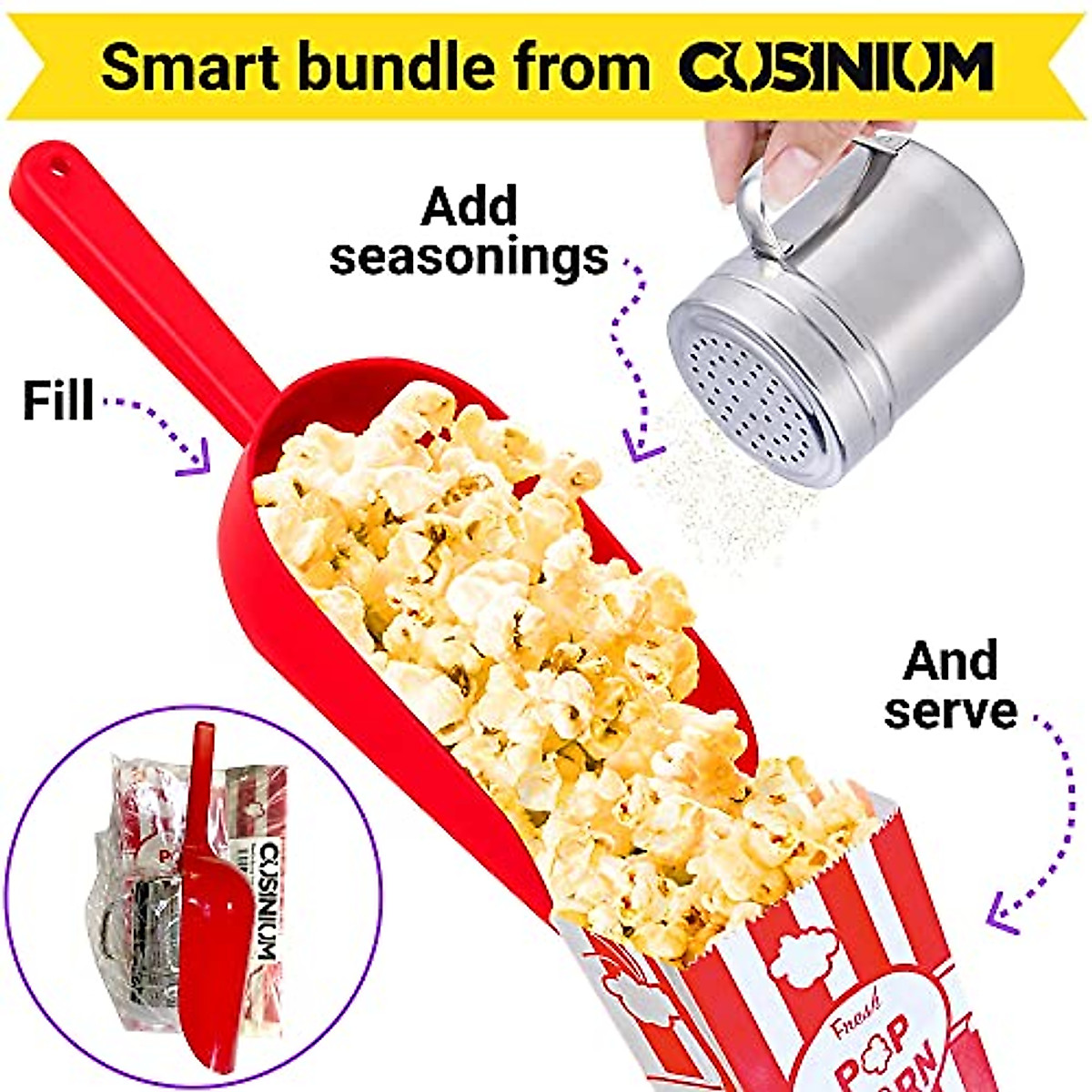 CUSINIUM Red Popcorn Scoop 16oz, Dredge and Popcorn Bags