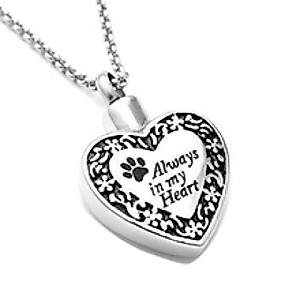 VEKETE Always In My Heart Pet Cremation Jewelry Dog Cat Paw Footprint Memorial Keepsake Urn Necklace For Ashes Stainless Steel Pendant