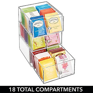 mDesign Plastic Wide Kitchen Pantry, Cabinet, Countertop Organizer Storage Station with 3 Drawers for Coffee, Tea, Sugar Packets, Sweeteners, Creamers, Drink Pods, Packets; 18 Sections - Clear