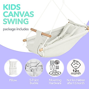 CaTeam - Canvas Kids Swing, Wooden Hanging Swing Seat Chair with Safety Belt, Durable Toddler Swing Chair, Outdoor and Indoor Swing for Kids, Mounting Hardware Included, Ivory