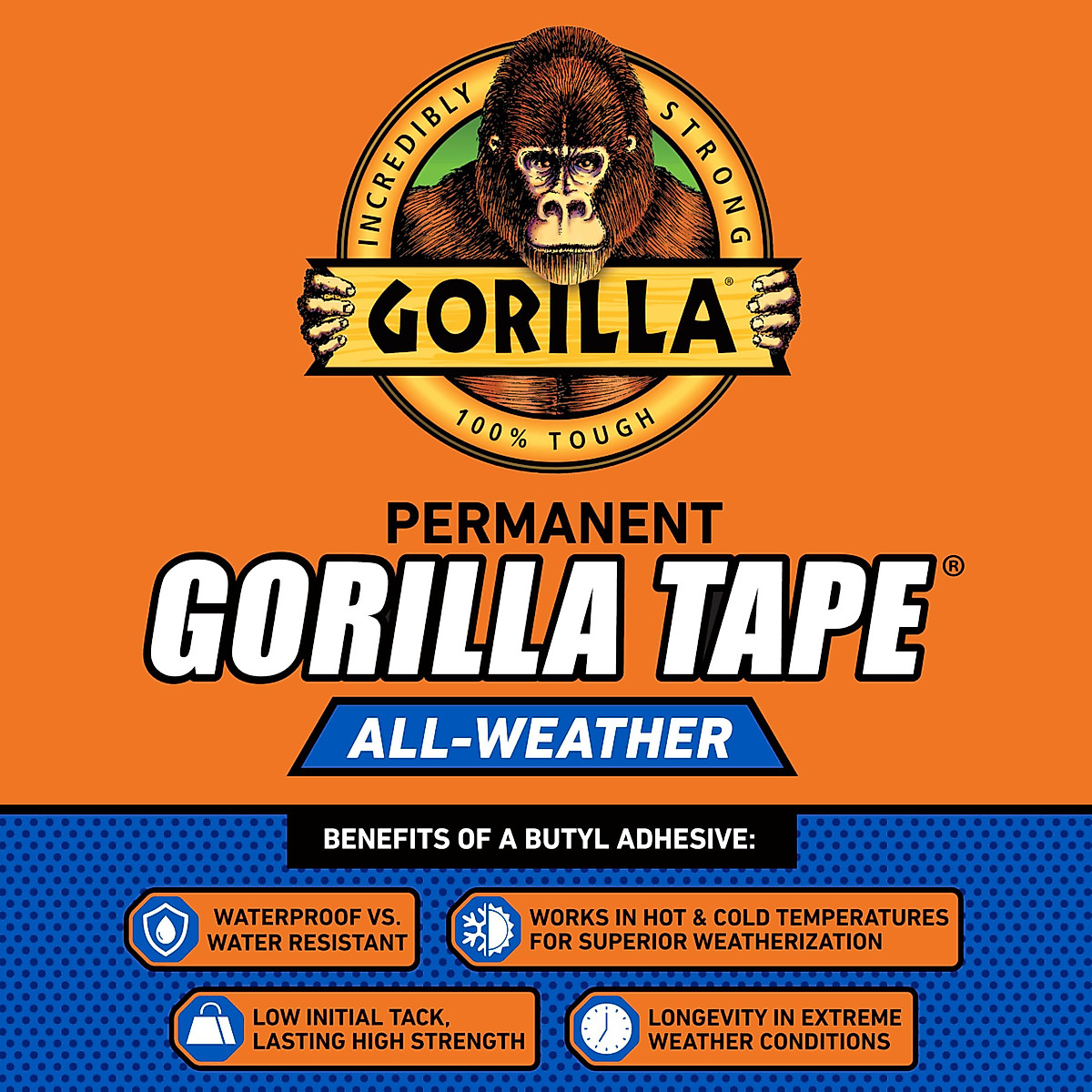 Gorilla All Weather Outdoor Waterproof Duct Tape, UV and Temperature Resistant, 1.88" x 25 yd, Black, (Pack of 1)