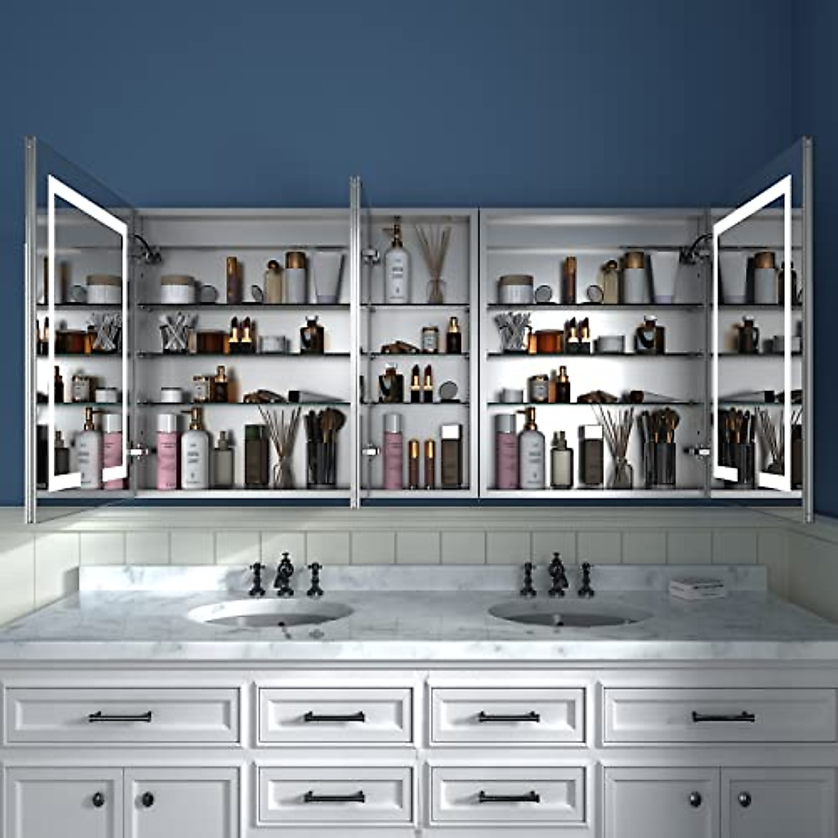 ExBrite LED Lighted Bathroom Medicine Cabinet with Mirror, 60 x 30 Inch, led Medicine Cabinet with Extra Closed Storage Cabinet,Defog, Stepless Dimming,Color Temper Change, 2 Outlets,Storage Shelves