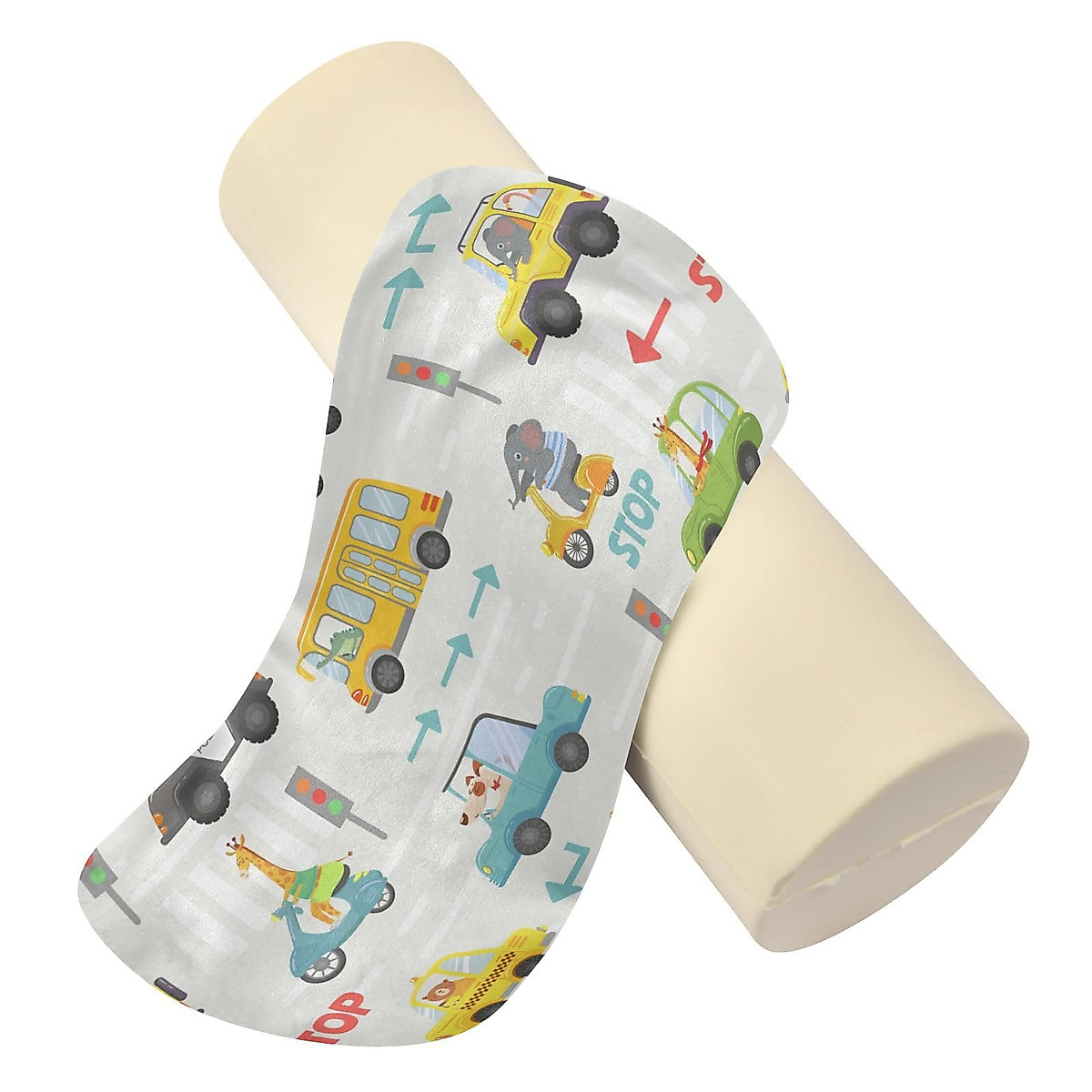 GOODOLD Kid Cartoon Cars Neck Roll Pillow Ultra Soft Bolster Round Pillow with Memory Foam & Removable Cover for Knees and Neck Support During Sleep