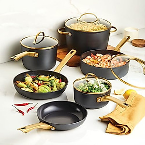 Farberware Forged Induction Ceramic Nonstick Pots and Pans Set with Lids and Kitchen Cooking Tools - Dishwasher Safe, Suitable for All Stovetops, 12 Piece Cookware Set - Black and Gold