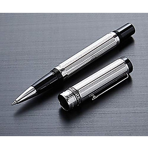 Xezo Tribune Pure Platinum Layered Diamond-Cut Fine Rollerball Pen, Weighty and Balanced, Individually Numbered (Tribune Platinum R), Silver, Black