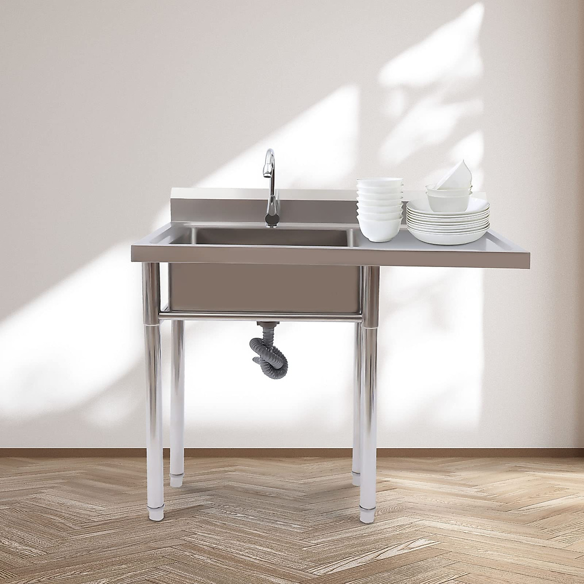 Utility Sink,Stainless Steel Kitchen Sink,Single Bowl Commercial Sink Drain Board Catering Prep Sink with Faucet and Sink for Restaurant,Laundry,Backyard,Garages 39.3 * 23.6 * 36.7in