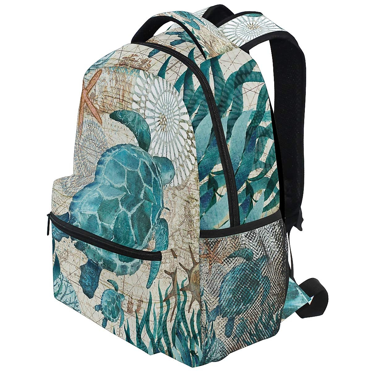 Vdsrup Vintage Turtle Backpack for Girls Kids Boys Ocean Sea Starfish World Map School Book Bag Waterproof Student Laptop Backpacks College Carrying Bags Casual Durable Lightweight