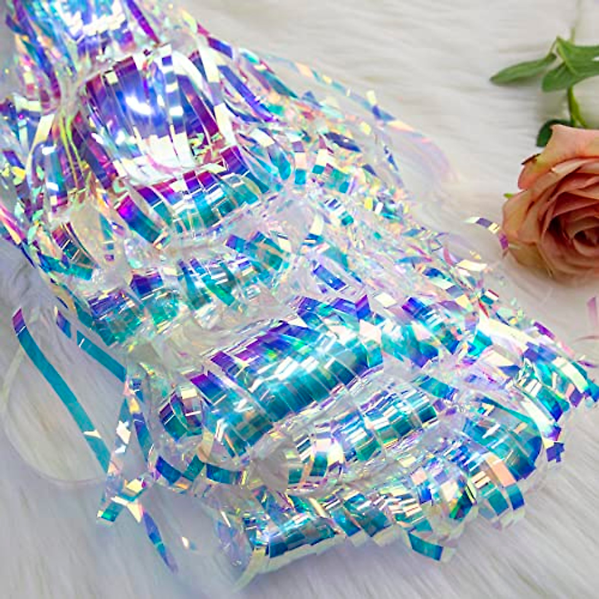 Sharonlily 2 pcs Gorgeous Iridescent Fringe Curtains, 3.2X 8.2 Feet, Transparent Holographic Tinsel Backdrop Streamers, Sturdy Metallic Foil Door Curtain for Birthday Bachelorette Party Decorations