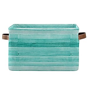 ALAZA Teal Turquoise Green Wood Large Storage Basket with Handles Foldable Decorative 1 Pack Storage Bin Box for Organizing Living Room Shelves Office Closet Clothes