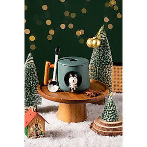 DIHOclub Ceramic Coffee Mug with Lid and Matching Spoon,Novelty 3D Husky Pattern Mug for Tea Milk Chocolate Juice,Cute Cup for Dog Lovers,Perfect Gifts-14 Ounces (green)