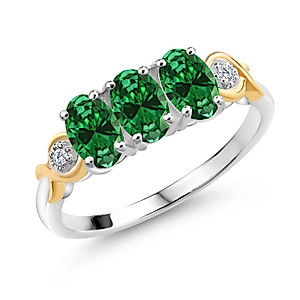 Gem Stone King 925 Silver and 10K Yellow Gold Oval Green Created Emerald and White Lab Grown Diamond Ring For Women (1.07 Cttw, Available In Size 5, 6, 7, 8, 9)