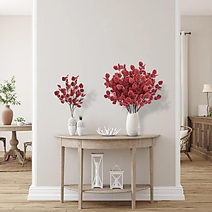 Sggvecsy Artificial Eucalyptus Leaves, 6 Pieces, 35.43 Inch Long, Red Color, Plastic and Silk Material, Easy to Bend and Adjust