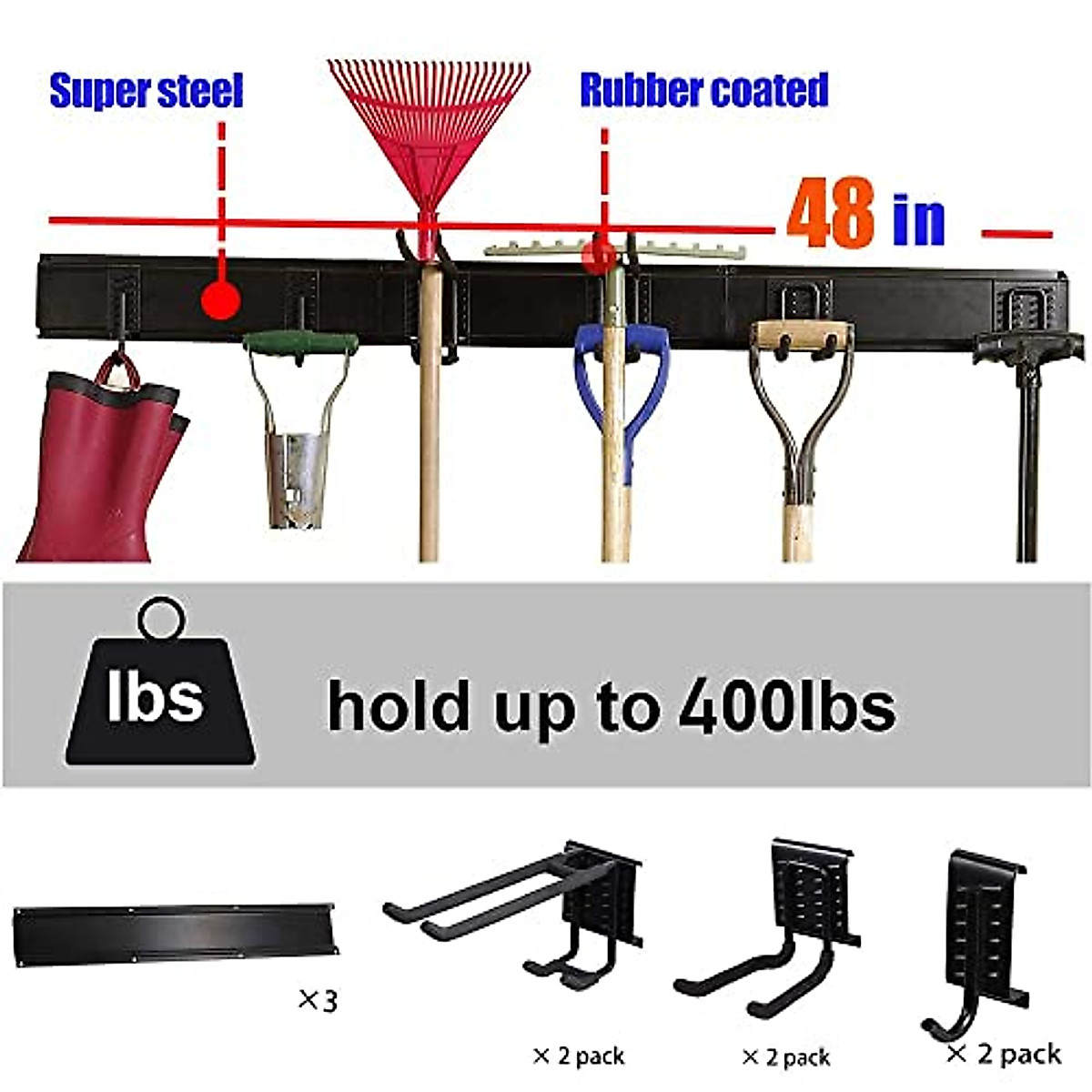 Ultrawall Garden Tool Organizer, 48 Inch Garage Tool Organizer Wall Mount, Heavy Duty Steel Wall Holders for Tools, 400lb Weight Capacity