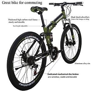 EUROBIKE Adult Folding Bike HY G6 Bicycle 26 Inches Muti Spoke Wheels 21 Speed Dual Suspension Folding Mountain Bike (G6 ArmyGreen -KT 32 Spoke)