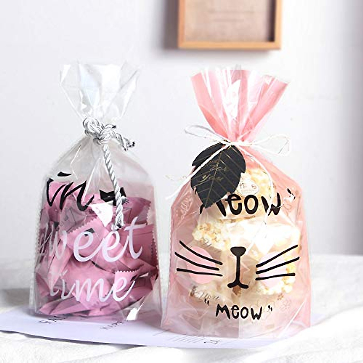 50pcs Clear Treat Bags/Cellophane Bags 9.3"x5.7" with 3"Twist Ties - Thick OPP Plastic Bags for Wedding Cookie Birthday Cake Pops Gift Candy Buffet Supplies