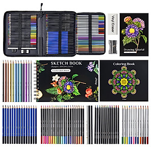 PRINA 81 Drawing Set Sketching Kit, Pro Sketch Stuff Art Supplies with Rainbow, Colored, Graphite, Watercolor, Metallic, Charcoal Pencils, Sketchbook, Coloring Book, Gift Case for Artists Adults Kids