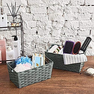 EZOWare 3pcs Weaving Storage Baskets, Multipurpose Wicker Organizer Bins Boxes with Handles for Shelf, Bathroom, Pantry, Accessories - Paper Rope Gray