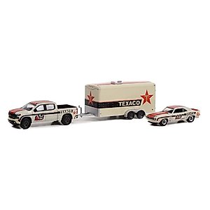Greenlight 31140-C Racing Hitch & Tow Series 4 2021 Chevy Silverado and 1969 Camaro RS Texaco #18 2021 Optima Ultimate Street Car National Champ with Enclosed Car Hauler 1:64 Scale Diecast