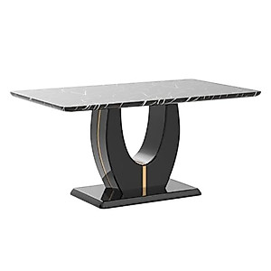 Pvillez Marble Dining Table, 63 inch Kitchen Dining Table for 6, Mid Century Modern Dining Room Table with Black Faux Marble Top & U Shape Pedestal Base, Rectangle Dinner Table for Dining Room Kitchen