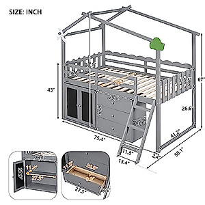 RORIGAT Twin Size House Bed Low Loft Beds for Kids, Wood Playhouse Lofts Bed with Storage Drawers and Cabinet, Fun Montessori Loft Bed with Blackboard, Fence Guardrails for Girls Boys Teens, Gray