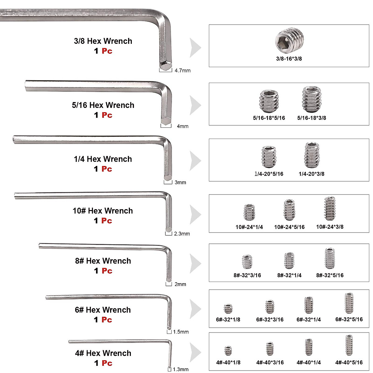 Hilitchi 240Pcs 19Sizes SAE Stainless Hex Allen Head Socket Set Screws Grub Screw Bolts Assortment Kit Internal Hex Drive Cup-Point Screws with 7 Hex Wrenches
