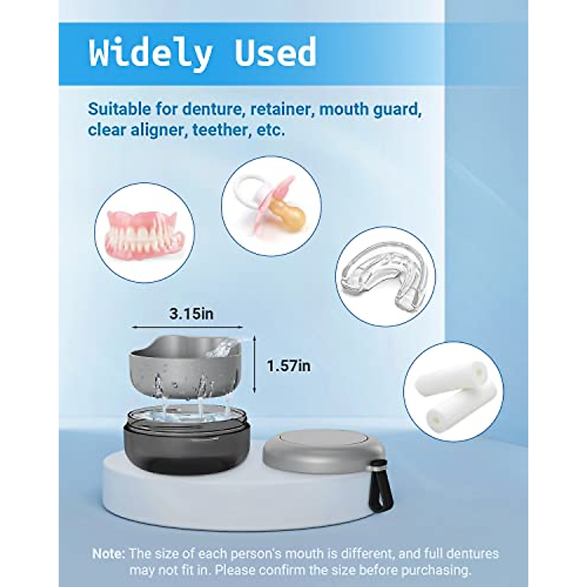 Denture Bath Case, Denture Cup, Leak Proof Portable Retainer Case, Denture Cleaning Kit with Cleaner Brush, Denture Box with Strainer & Mirror, Denture Case for Aligner Retainer Mouth Guard