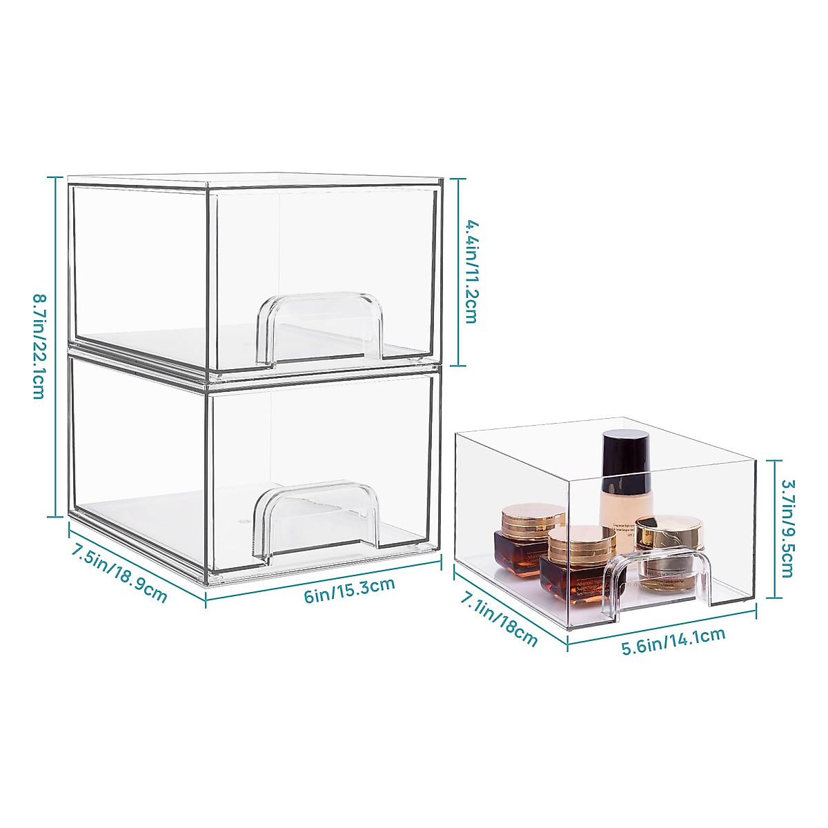 Vtopmart Stackable Makeup Organizer Storage Drawer, 4.4'' Tall Acrylic Bathroom Organizers，Clear Plastic Storage Bins For Vanity, Undersink, Kitchen Cabinets, Pantry Organization and Storage