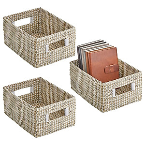 mDesign Seagrass Small Woven 9 Inch Wide Rectangular Organizing Basket w/Built-In Handles for Kitchen, Pantry Shelves, Bathroom Storage; Holds Fruit, Canned Goods - 3 Pack - Natural