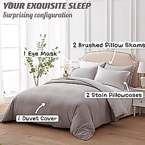 SEMECH Duvet Cover Queen Size Grey Microfiber Comforter Cover Set 5 Piece with Eye Mask and Zipper, 2 Brushed Pillow Shams and 2 Satin Pillowcases - 90x90 inches