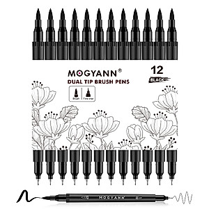 Mogyann Drawing Pens, 12 Pack Dual Brush Pens Black Markers for Art Drawing Sketching