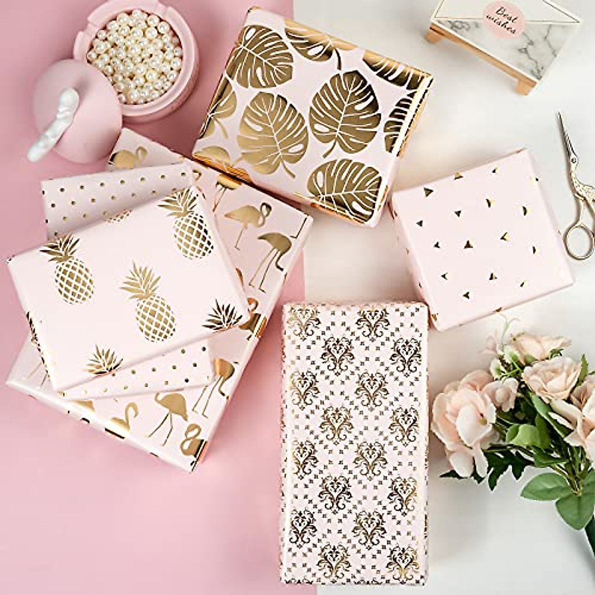 WRAPAHOLIC Wrapping Paper Sheet - Pink and Gold Foil Design for Birthdays, Wedding, Holiday, Party, Baby Shower - 1 Roll Contains 6 Sheets - 17.5 inch X 30 inch Per Sheet