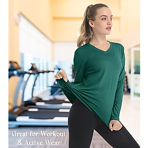 Workout Tops for Women Athletic Shirts & Tees Long Sleeve V Neck T Shirts Quick Dry Performance Shirt for Women Emerald Green
