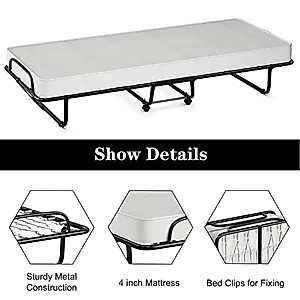 Giantex Folding Bed with Mattress for Adults, Fold up Bed with Memory Foam Mattress & Metal Frame on Wheels, Cot Size Roll Away Adult Bed, Foldable Portable Guest Bed for Easy Storage, Made in Italy