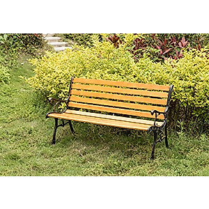 Gardenised Wooden Outdoor Park Patio Garden Yard Bench with Designed Steel Armrest and Legs, Black