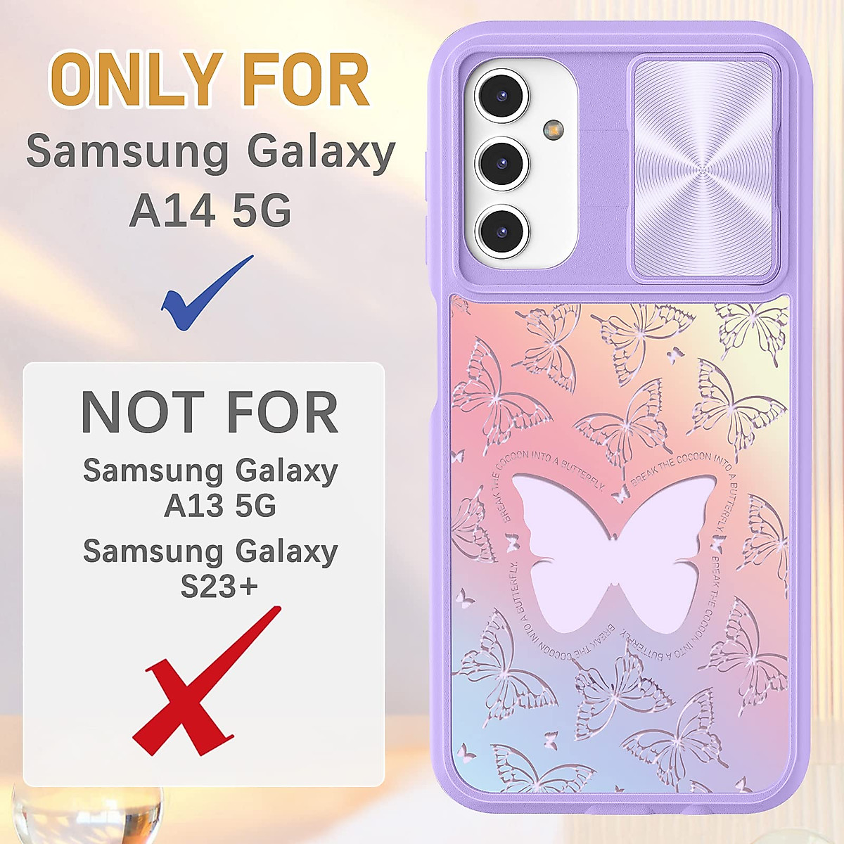 Plakill for Samsung Galaxy A14 5G Case, Cute Stylish Designer Galaxy A14 5G Phone Cases with Slide Camera Cover + Ring Holder,Butterflies Slim Protective Shockproof Hard Clear Cases for A14 5G