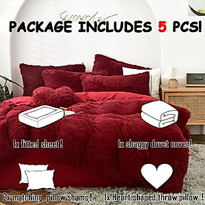 MorroMorn Luxury Shag Fluffy Comforter Cover Set, Shaggy Faux Fur Duvet Cover Sets - 5 Pcs Plush Quilt Cover Pillowcases Velvet Fitted Sheets, Fuzzy Flannel Soft for Full Queen Size Bed Red