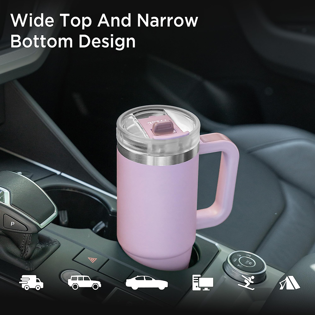 TYESO 30 oz Tumbler with Handle, Straw and Lid - Leak Resistant Insulated Stainless Steel Water Bottle, Car Cup Holder Friendly Travel Coffee Mug Purple - Gifts for Men & Women