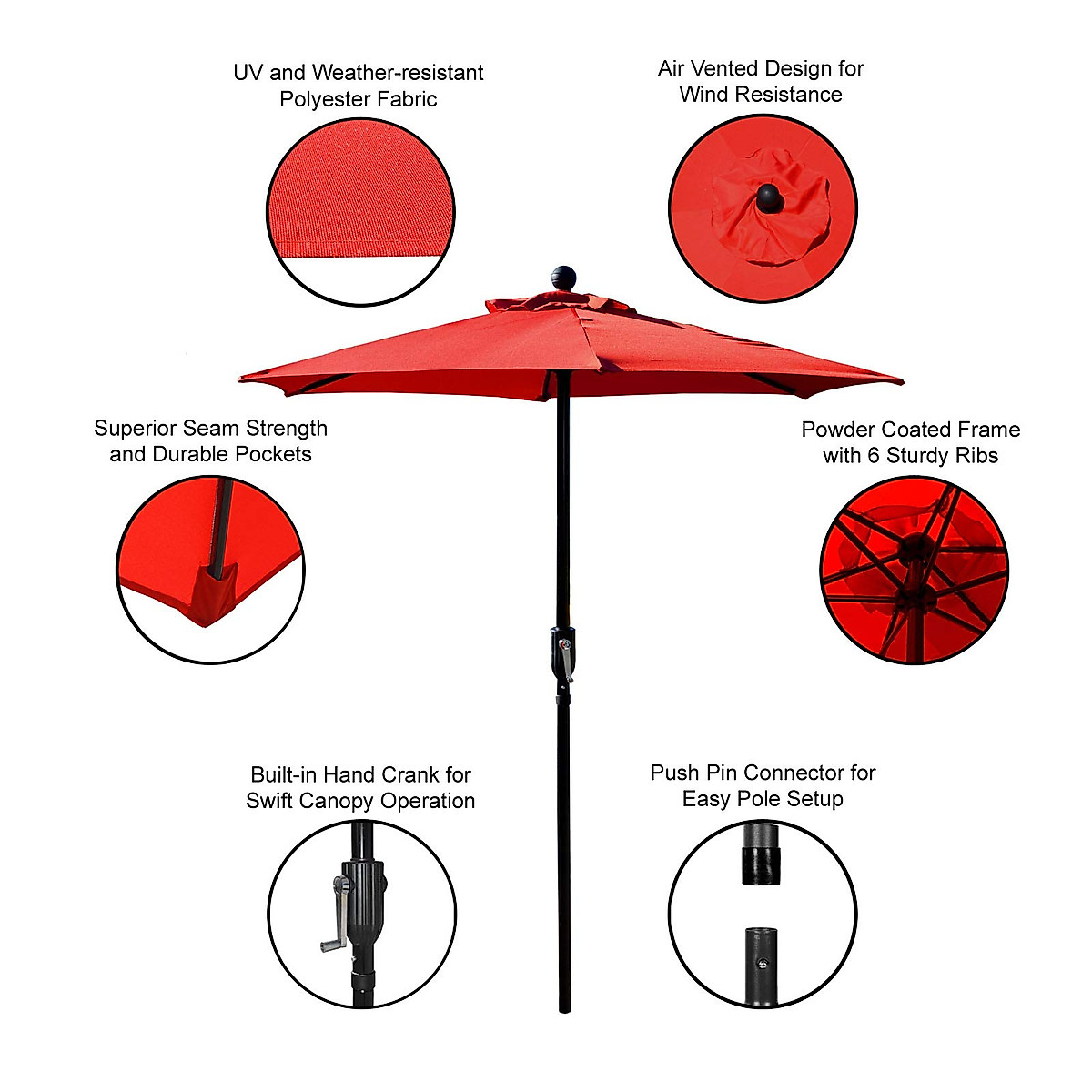 Westcharm Patio Umbrella Outdoor Table Umbrella with 6 Sturdy Ribs and Crank 6.5 ft, Red Umbrella