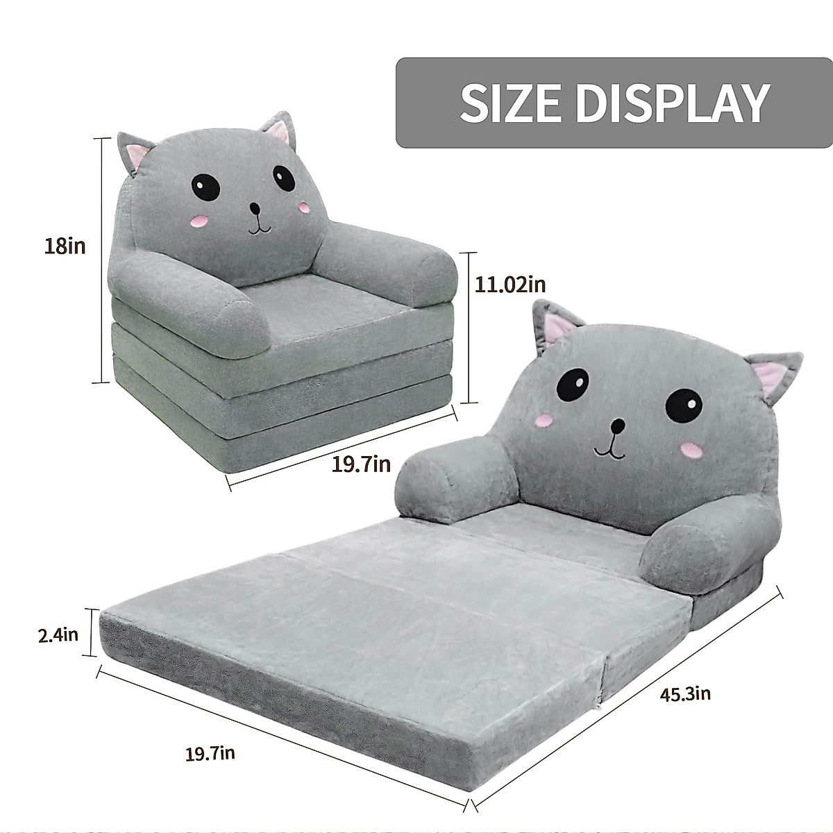 Toddler Chair Kids Sofa - Toddler Sofa Kids Couch Fold Out, 2 in 1 Flip Out Couch and Mini Sofa for Girls and Boys, Baby Couch for 1-4 Year Olds - Cute and Comfy Baby Sofa (Gray Cat)