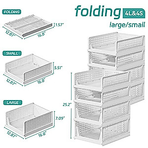 MVSRWLL Stackable Plastic Storage Basket Bin Shelf Box for Closet Wardrobe Organizer 8 Pack Foldable Clothes Drawer Storage Container for Cupboard Kitchen Bathroom Bedroom Office (White)(4L4S)