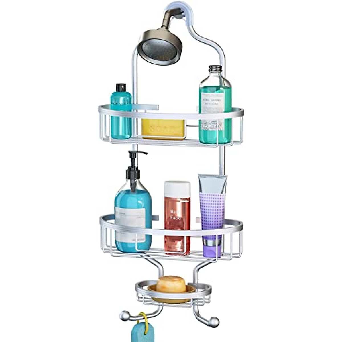 GAOKASE Shower Caddy Over Shower Head, Hanging 3-Tier Bathroom No Drilling Shower Organizer Aluminum 2-Hooks for Towel Soap Conditioner