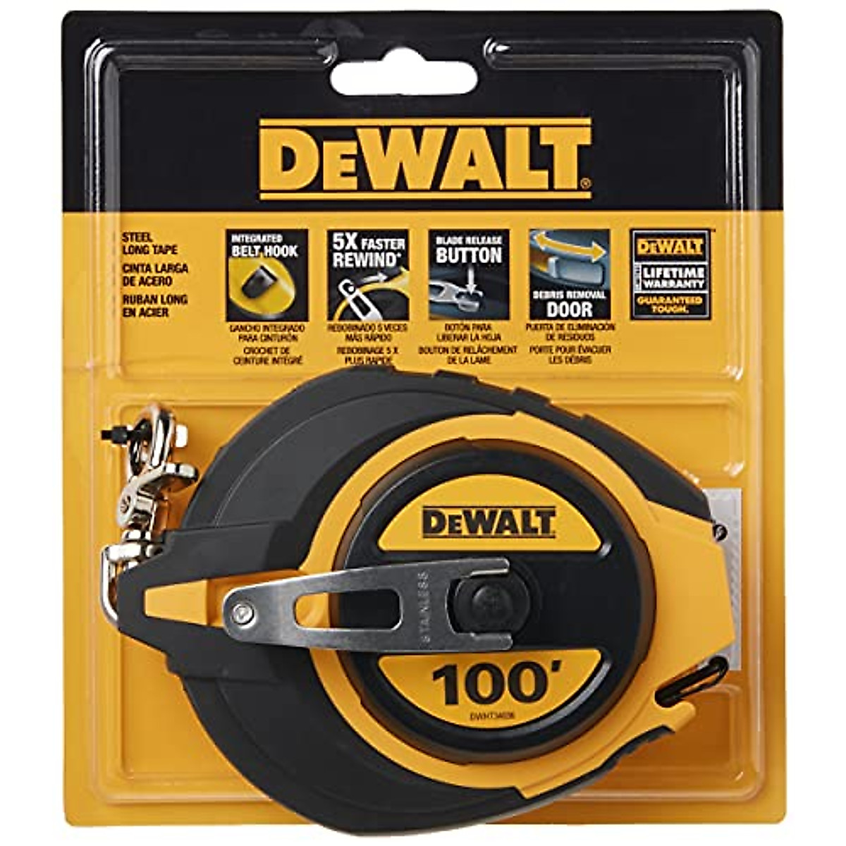 DEWALT Tape Measure, 100-Foot, Self-Lock, Solid Chrome Finish, Rubber Grip (DWHT34036L)