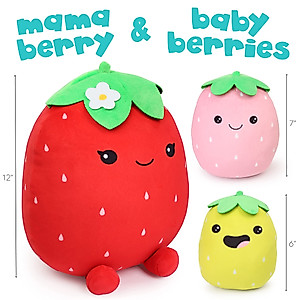 BenBen Strawberry Plush Toy, Set of 3, 12'', 7'' and 6'', Squishy Fruit Stuffed Plushies, Soft Hugging Cushion, Plush Pillow for Girls, Home Decorations, Easter Gifts