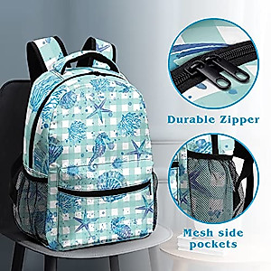 Dacawin Kids Ocean Backpack Blue School Backpacks Ocean Starfish Scallop Bookbag Blue Plaid School Bag Lightweight Casual Daypack Backpacks with Chest Strap