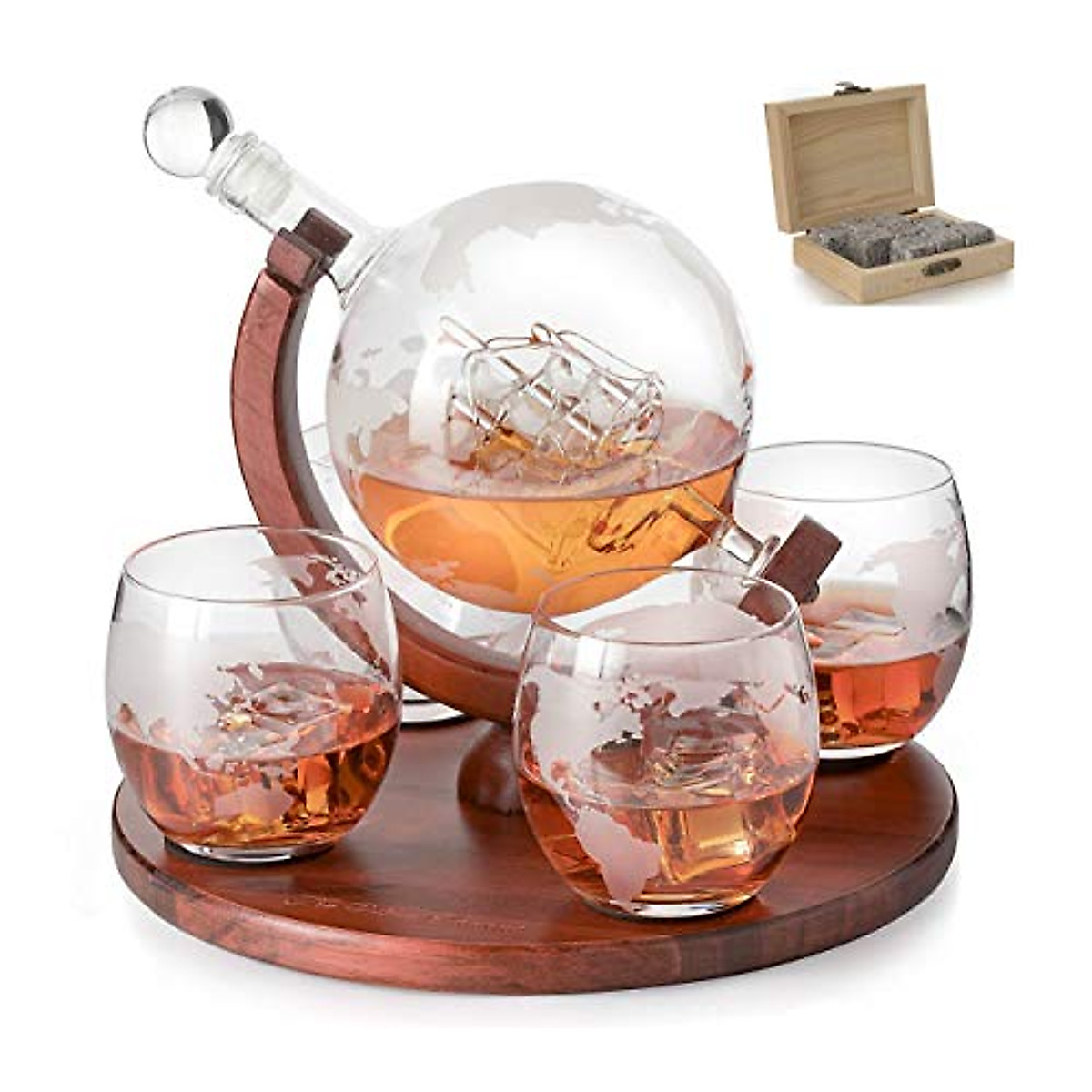Etched World Decanter whiskey Globe - The Wine Savant Whiskey Gift Set Globe Decanter 750 ml with Antique Ship, Whiskey Stones and 4 World Map 10oz Glasses, Great Gift - Alcohol Related Gift, HOME BAR