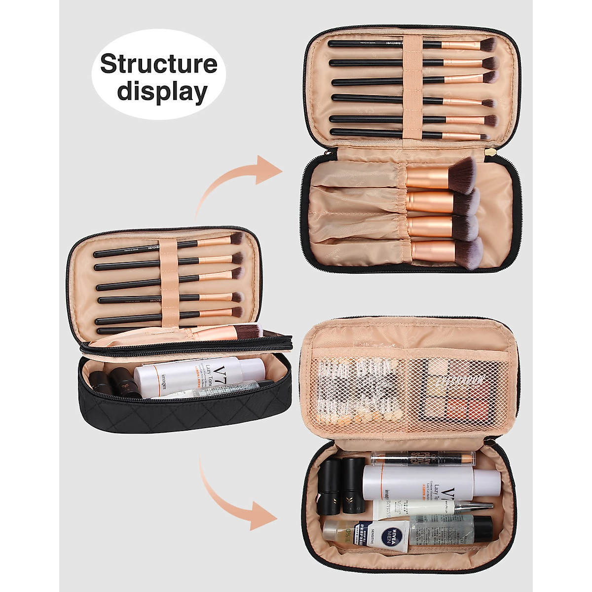 Relavel Makeup Bag, Small Makeup Bag for Women, Travel Cosmetic Bag, 2 Layers Waterproof Makeup Organizer Storage with Makeup Brush Holder, Black