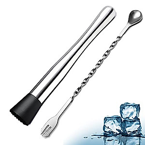 10 Inch Stainless Steel Cocktail Muddler and Mixing Spoon, 2 Pieces Home Bar Tool Bartender Set for Cocktails Mojitos Ice Fruit Drinks