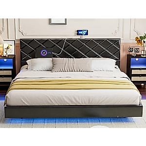 IKIFLY California King Floating Bed Frames with 2 USB Ports - Upholstered Faux Leather Cal King Platform Bed with LED Lights, No Box Spring Needed, Solid Wood Slats, Easy Assembly - Black