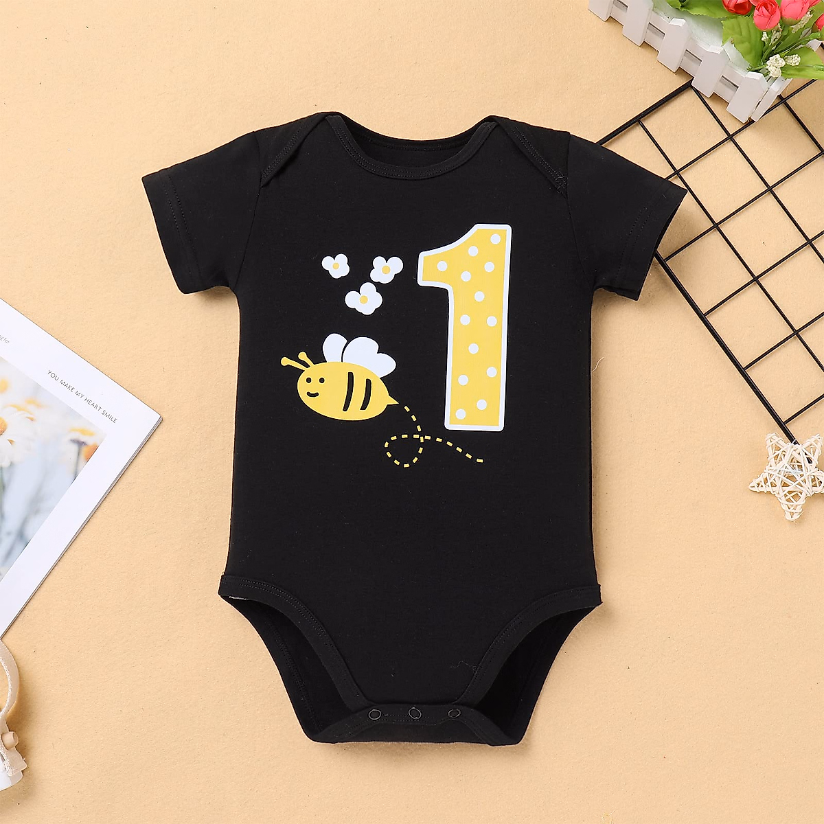 IDOPIP Baby Girls My 1st Birthday Outfit Bumble Bee Costume Dress up Short Sleeve Romper Tutu Skirt Headband 3PCS Clothes Set for One Year Old Girl Cake Smash Photo Shoot Black Bee 9-12 Months