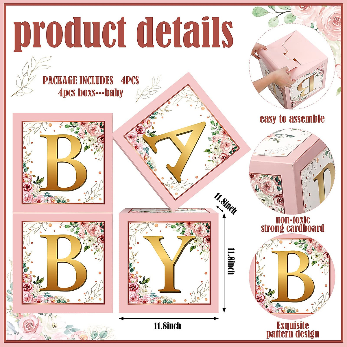 Baby Boxes with Letters for Baby Shower, Rustic Floral Pink Baby Shower Backdrop Blocks Box Birthday Party Gender Reveal Photo Props for Baby Girl Boy Shower Decorations